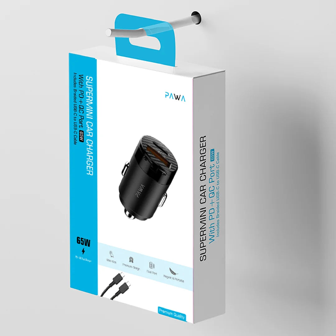 Pawa Supermini Dual Port Car Charger 65W With Braided Type-C To Type-C ...
